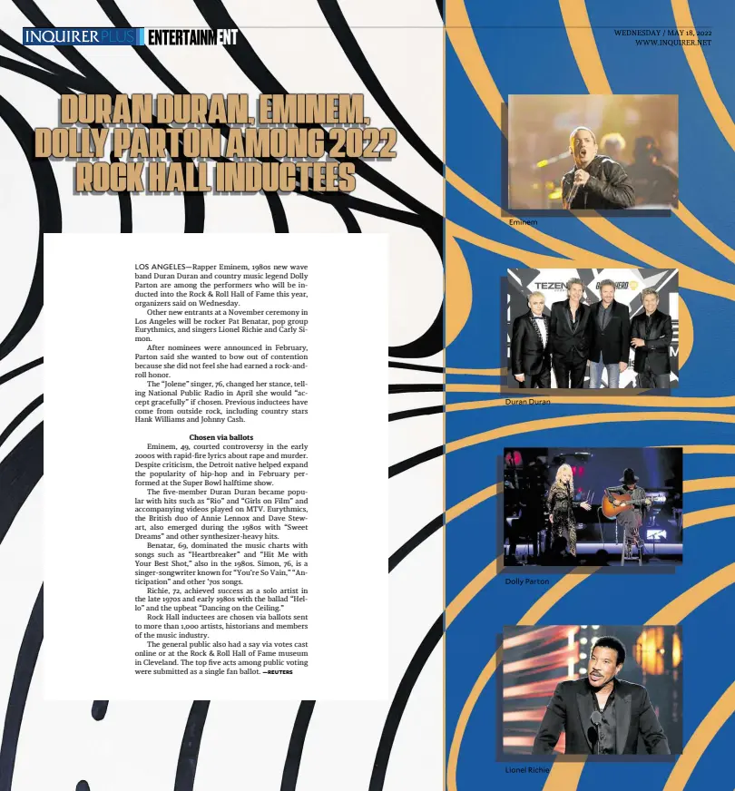 DURAN DURAN, EMINEM, DOLLY PARTON AMONG 2022 ROCK HALL INDUCTEES - PressReader