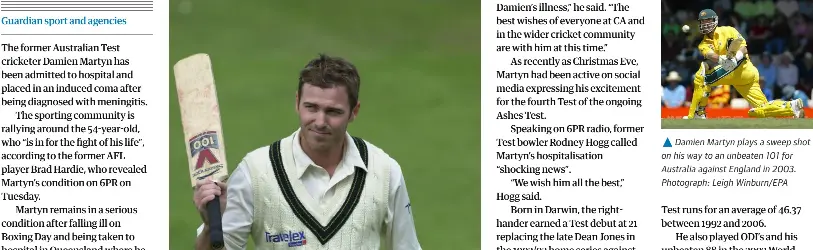 Former Australian Test cricketer Damien Martyn in induced coma ...