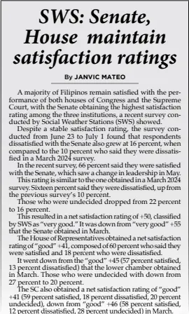 SWS: Senate, House maintain satisfacti­on ratings - PressReader