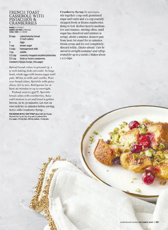 FRENCH TOAST CASSEROLE WITH PISTACHIOS & CRANBERRIE­S - PressReader
