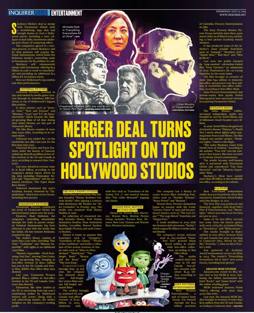 MERGER DEAL TURNS SPOTLIGHT ON TOP HOLLYWOOD STUDIOS - PressReader