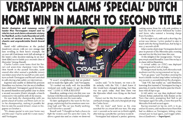 VERSTAPPEN CLAIMS ‘SPECIAL’ DUTCH HOME WIN IN MARCH TO SECOND TITLE - PressReader