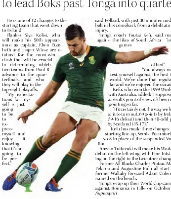 Pollard back, ready to lead Boks past Tonga into quarters - PressReader