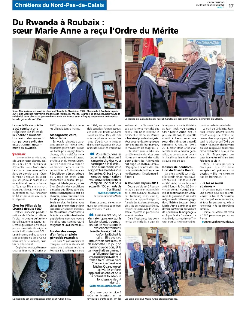 Du Rwanda à Roubaix : soeur Marie Anne a reçu l’Ordre du Mérite ...
