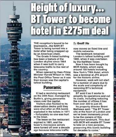 Height of luxury... BT Tower to become hotel in £275m deal - PressReader