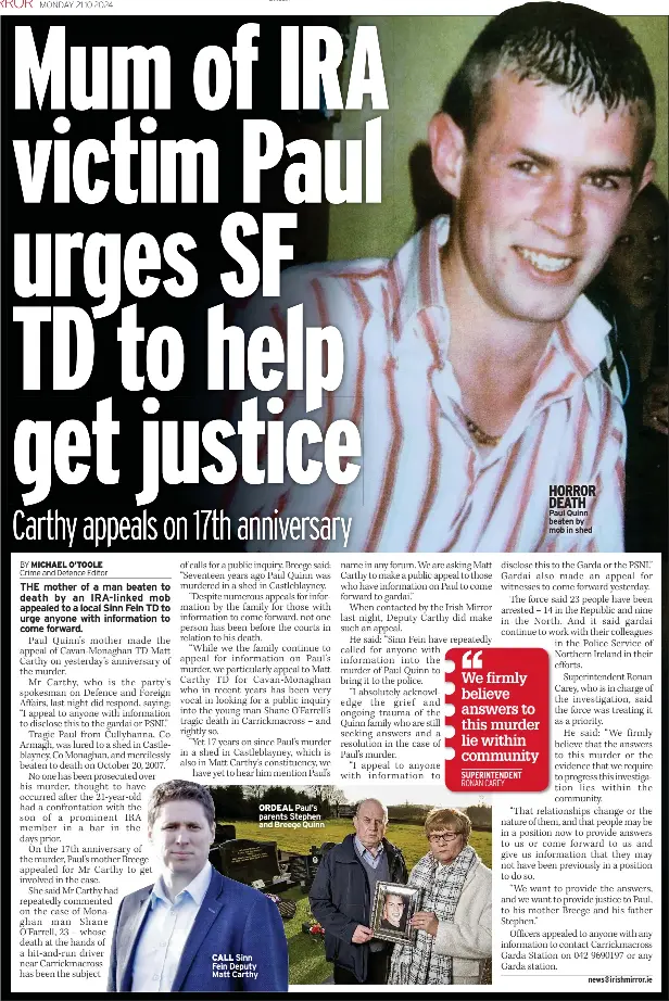 Mum of IRA victim Paul urges SF TD to help get justice - PressReader