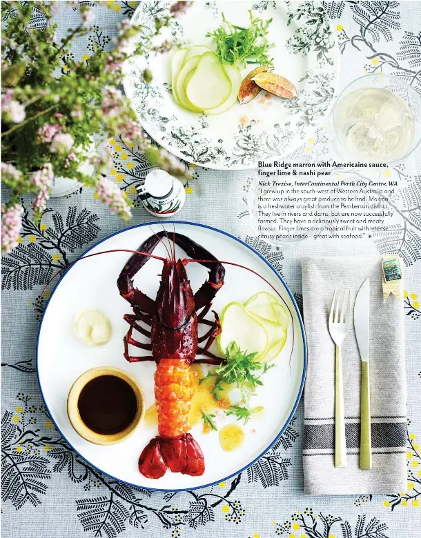 Blue Ridge marron with Americaine sauce, finger lime & nashi pear ...