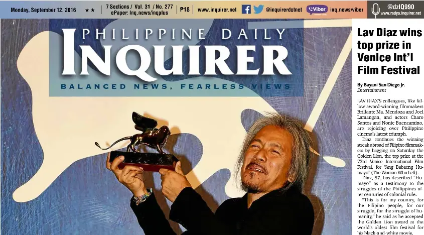 Lav Diaz wins top prize in Venice Int’l Film Festival - PressReader