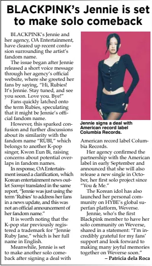 BLACKPINK’s Jennie is set to make solo comeback - PressReader