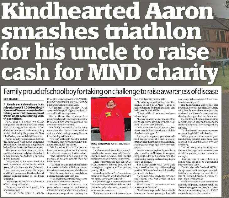 Kindhearte­d Aaron smashes triathlon for his uncle to raise cash for ...