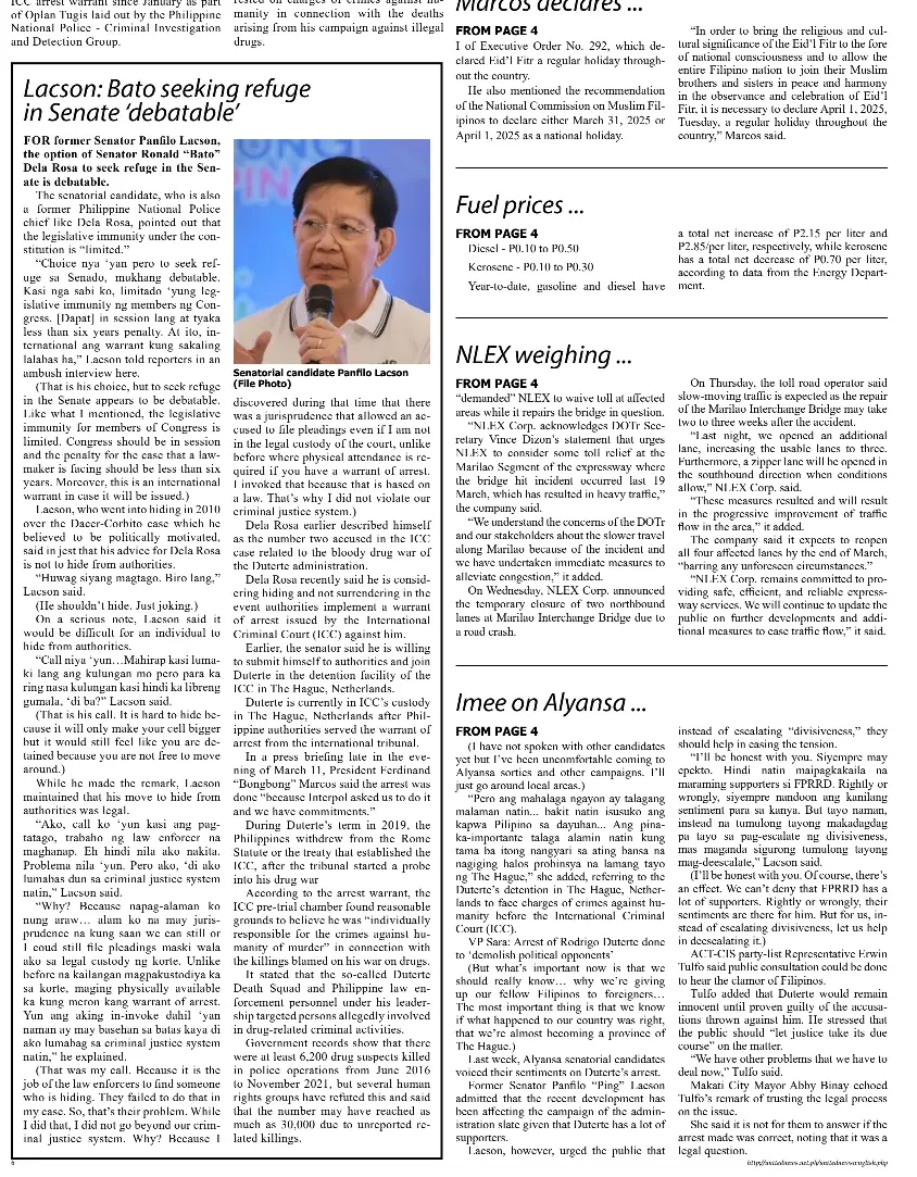 Lacson: Bato seeking refuge in Senate ‘debatable’ - PressReader