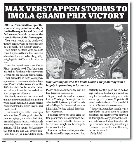 MAX VERSTAPPEN STORMS TO IMOLA GRAND PRIX VICTORY - PressReader