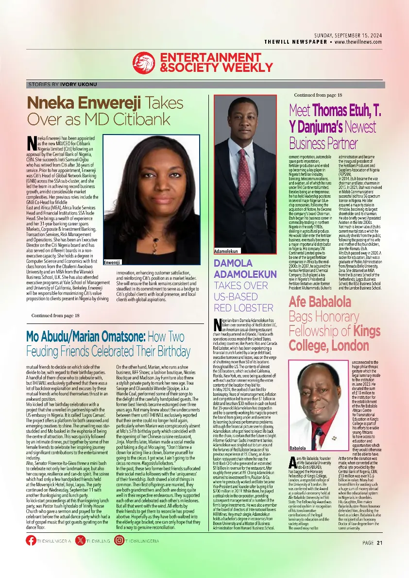 DAMOLA ADAMOLEKUN TAKES OVER US-BASED RED LOBSTER - PressReader