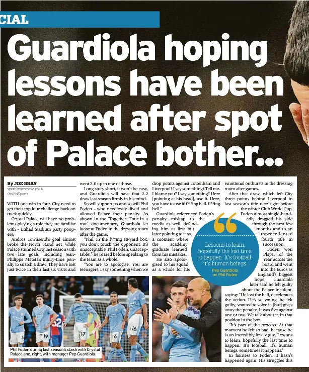 Guardiola hoping lessons have been learned after spot of Palace bother... - PressReader