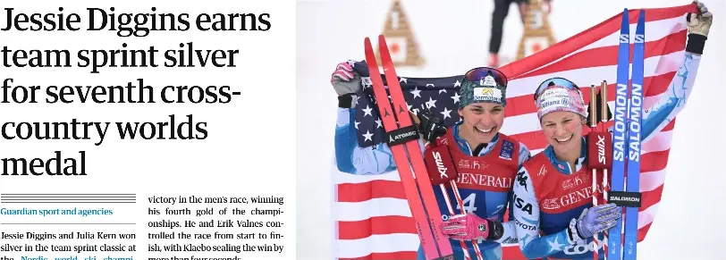 Jessie Diggins earns team sprint silver for seventh crosscount­ry ...
