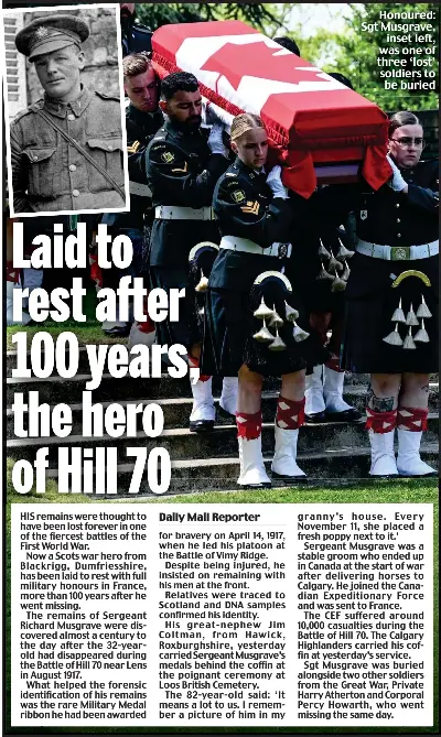 Laid to rest after 100 years, the hero of Hill 70 - PressReader