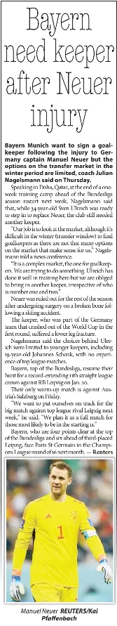 Bayern need keeper after Neuer injury - PressReader