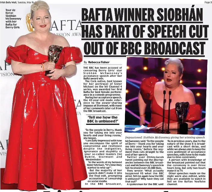BAFTA WINNER SIOBHÁN HAS PART OF SPEECH CUT OUT OF BBC BROADCAST - PressReader