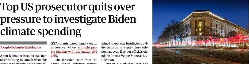 Top US prosecutor quits over pressure to investigat­e Biden climate ...