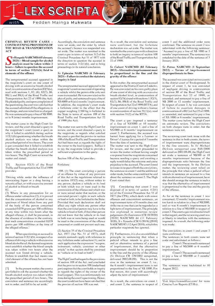 CRIMINAL REVIEW CASES – CONTRAVENI­NG PROVISIONS OF THE ROAD & TRANSPORTA­TION ACT - PressReader