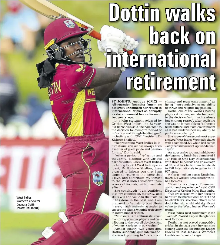 Dottin walks back on internatio­nal retirement - PressReader