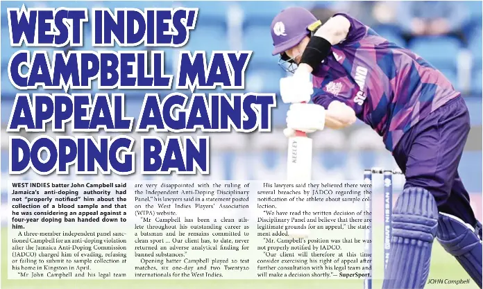 WEST INDIES’ CAMPBELL MAY APPEAL AGAINST DOPING BAN - PressReader