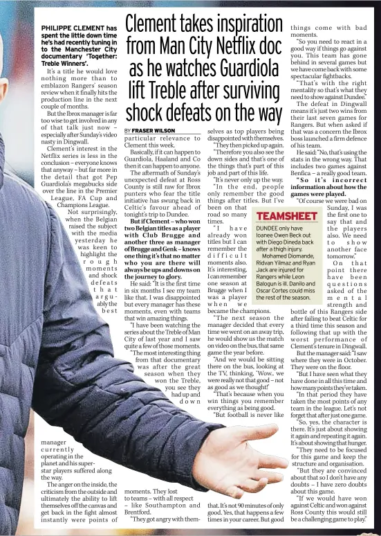 Clement takes inspiratio­n from Man City Netflix doc as he watches Guardiola lift Treble after ...