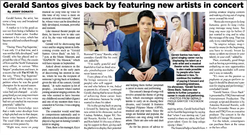 Gerald Santos gives back by featuring new artists in concert - PressReader