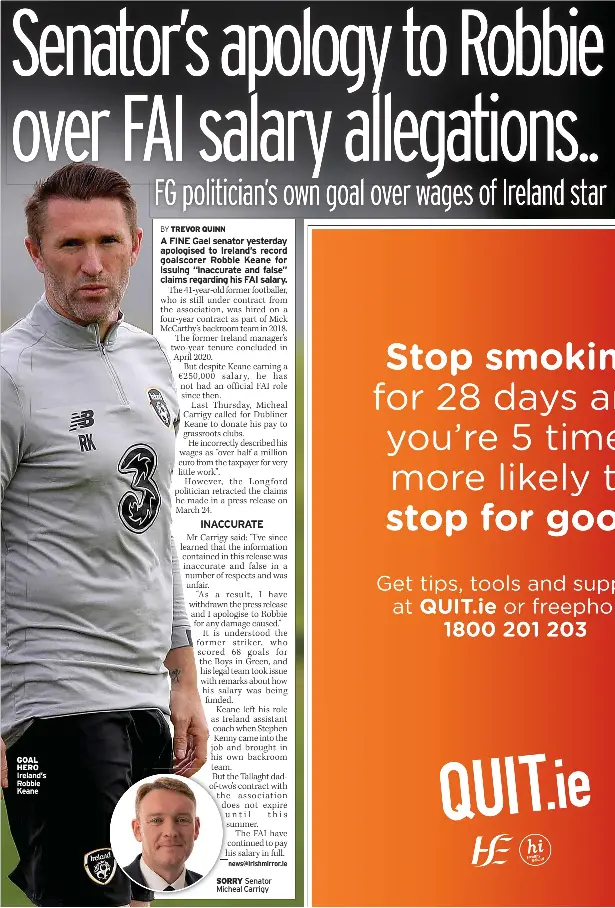 Senator’s apology to Robbie over FAI salary allegation­s.. - PressReader