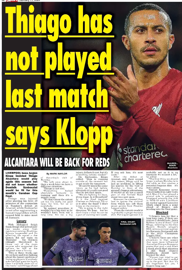 Thiago has not played last match says Klopp - PressReader