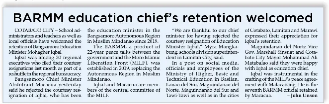 BARMM education chief’s retention welcomed - PressReader