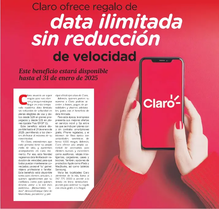 Claro ofrece regalo de data ilimitada sin reducción de velocidad - PressReader