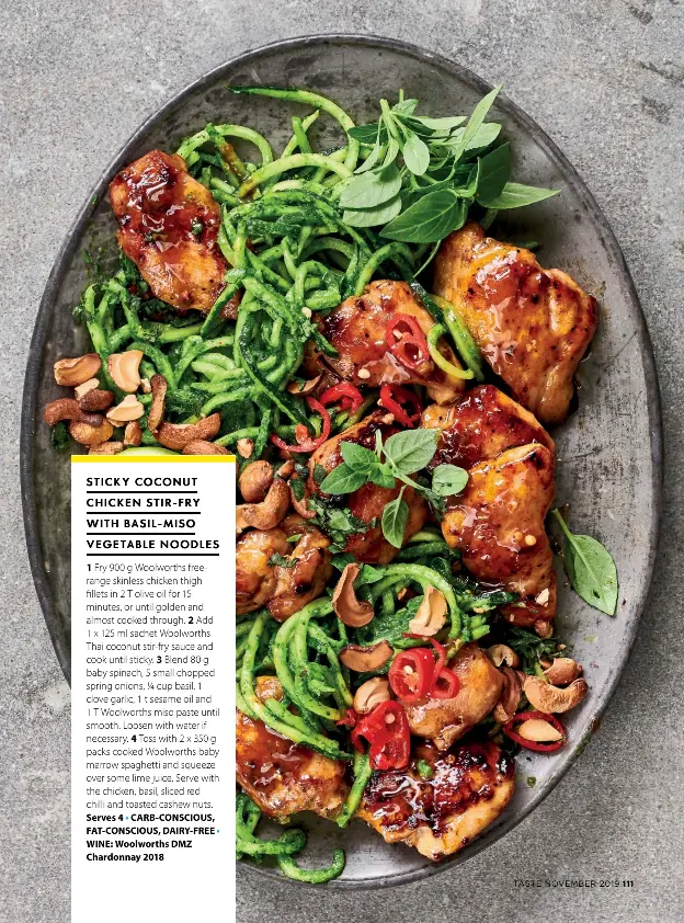 STICKY COCONUT CHICKEN STIR-FRY WITH BASIL-MISO VEGETABLE NOODLES - PressReader