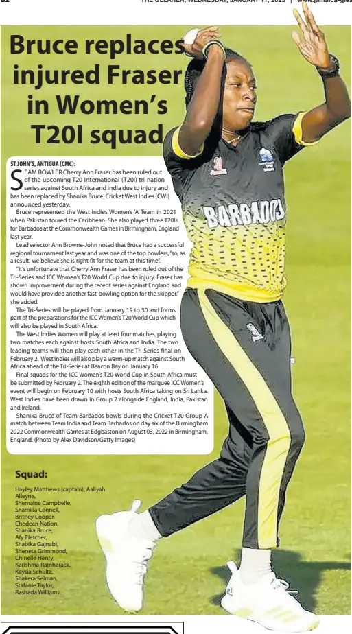 Bruce replaces injured Fraser in Women’s T20I squad - PressReader