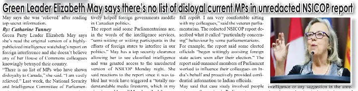 Green Leader Elizabeth May says there’s no list of disloyal current MPs in unredacted NSICOP ...