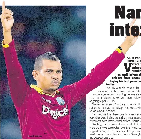 Narine quits internatio­nal cricket - PressReader