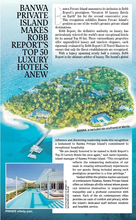 BANWA PRIVATE ISLAND MAKES ROBB REPORT’S TOP 50 LUXURY HOTELS ANEW - PressReader