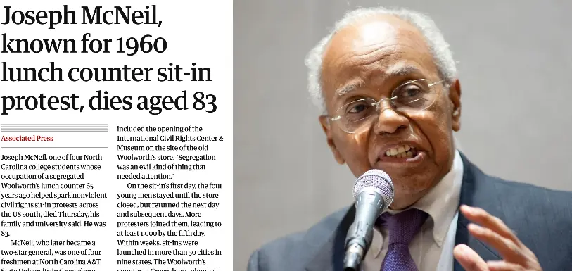 Joseph McNeil, known for 1960 lunch counter sit-in protest, dies aged ...