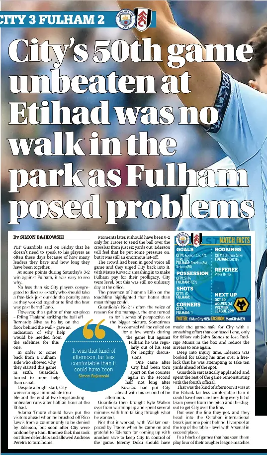 City’s 50th game unbeaten at Etihad was no walk in the park as Fulham posed problems - PressReader