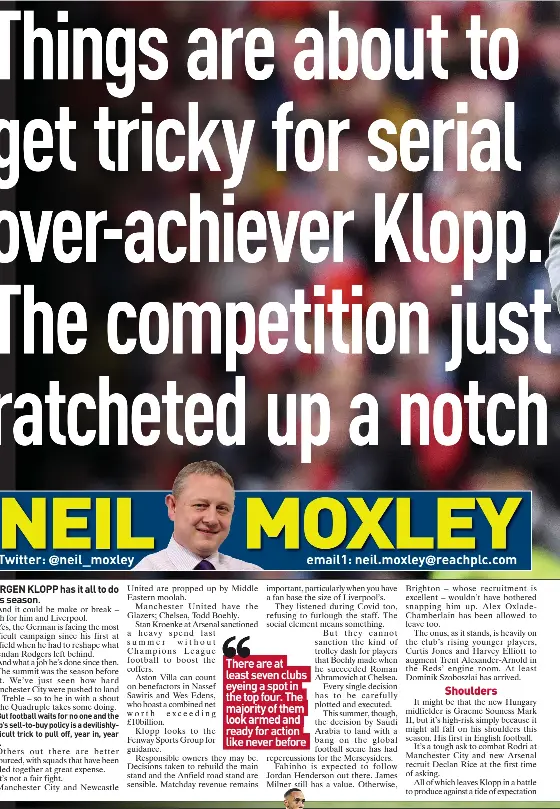 Things are about to get tricky for serial over-achiever Klopp. The competitio­n just ratcheted ...