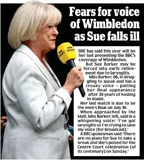 Fears for voice of Wimbledon as Sue falls ill - PressReader