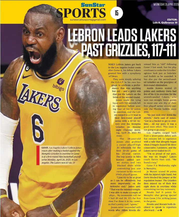 James leads Lakers past Grizzlies in NBA playoffs - PressReader