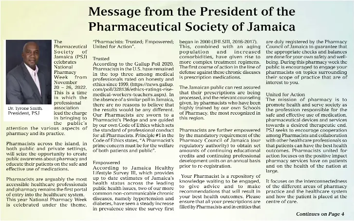 Message from the President of the Pharmaceut­ical Society of Jamaica ...