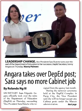 Angara takes over DepEd post; Sara says no more Cabinet job - PressReader