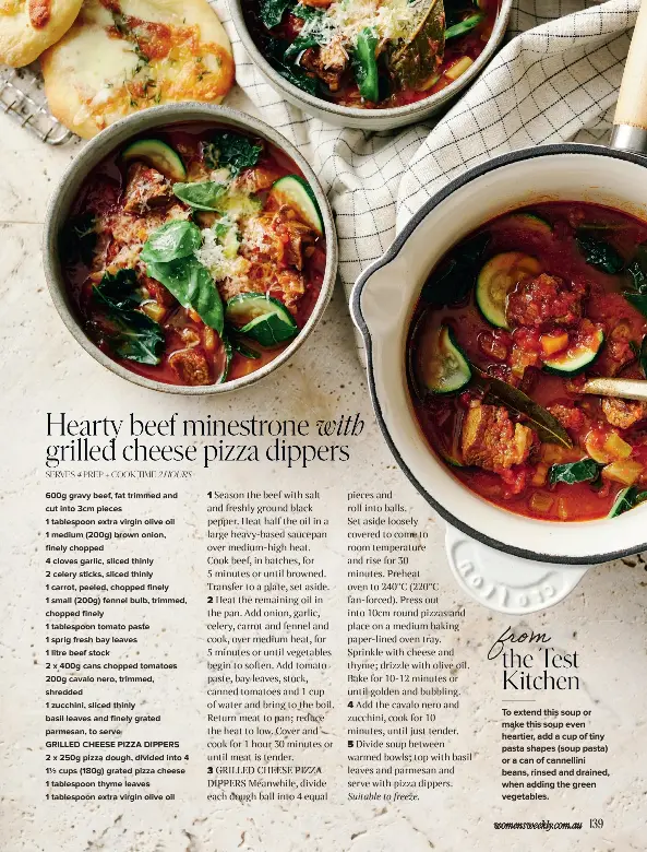 Hearty beef minestrone with grilled cheese pizza dippers - PressReader