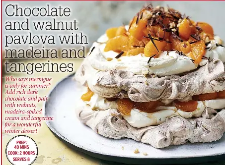 BBC Good Food daily recipe to collect Chocolate and walnut pavlova with madeira and tangerines ...