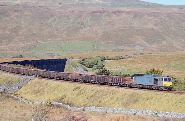 Drax-liveried 60066 works a gypsum train at Ribblehead on October 21 ...