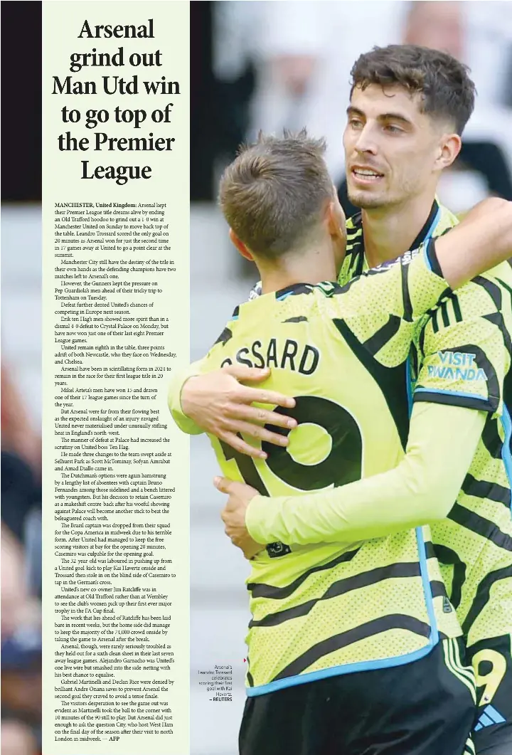 Arsenal grind out Man Utd win to go top of the Premier League - PressReader