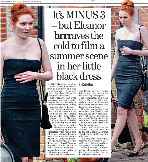 It’s MINUS 3 – but Eleanor brrraves the cold to film a summer scene in her little black dress ...
