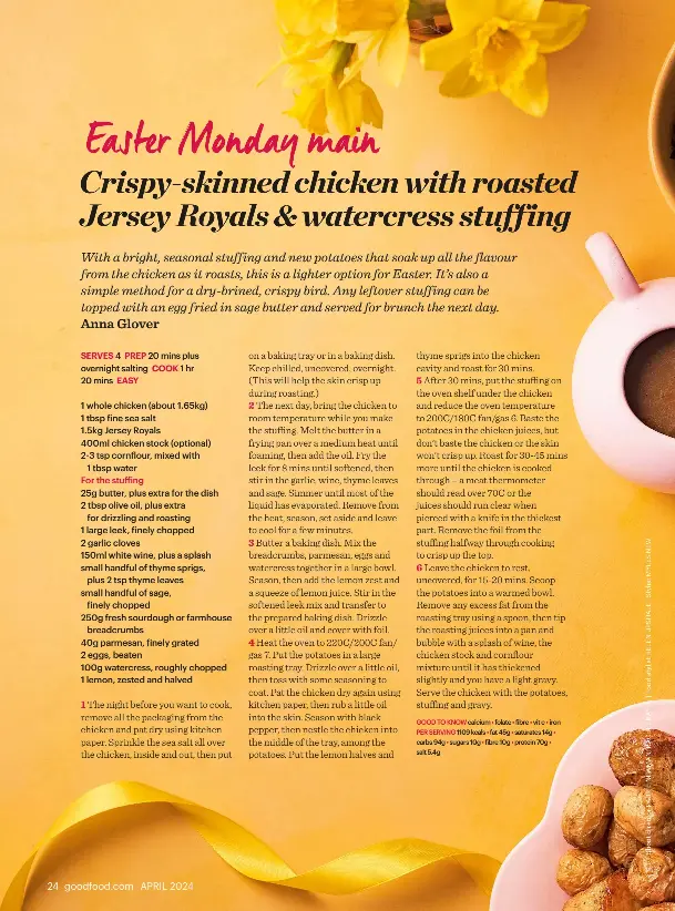 Easter Monday main Crispy-skinned chicken with roasted Jersey Royals & watercress stuffing ...